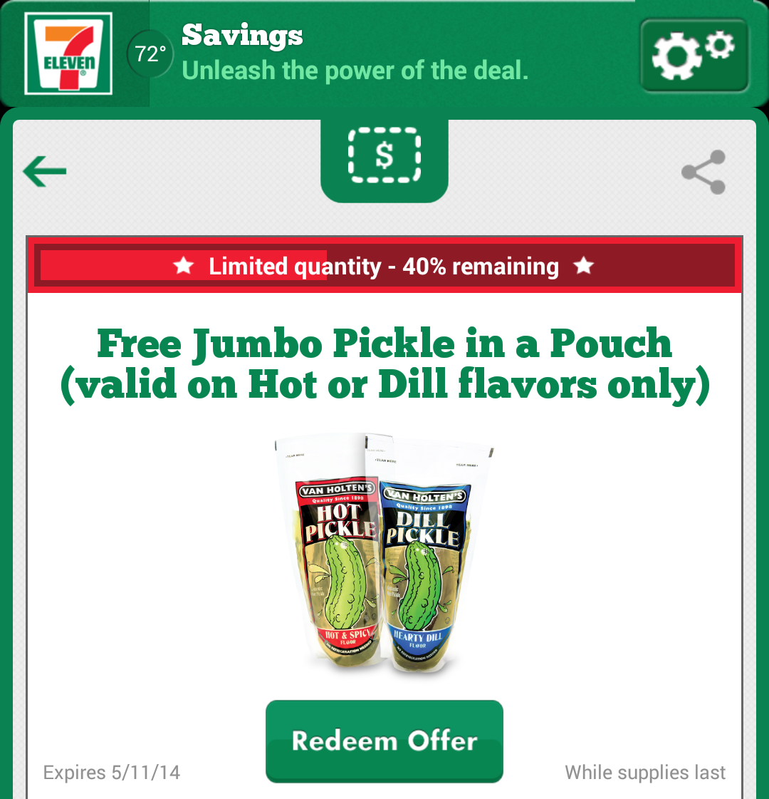 Free Jumbo Pickle In A Pouch Via The 7-Eleven App - DansDeals.com