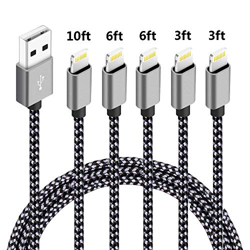 5 Pack Of 3′, 6′, And 10′ Apple iPhone Braided Nylon Lightning Cables ...